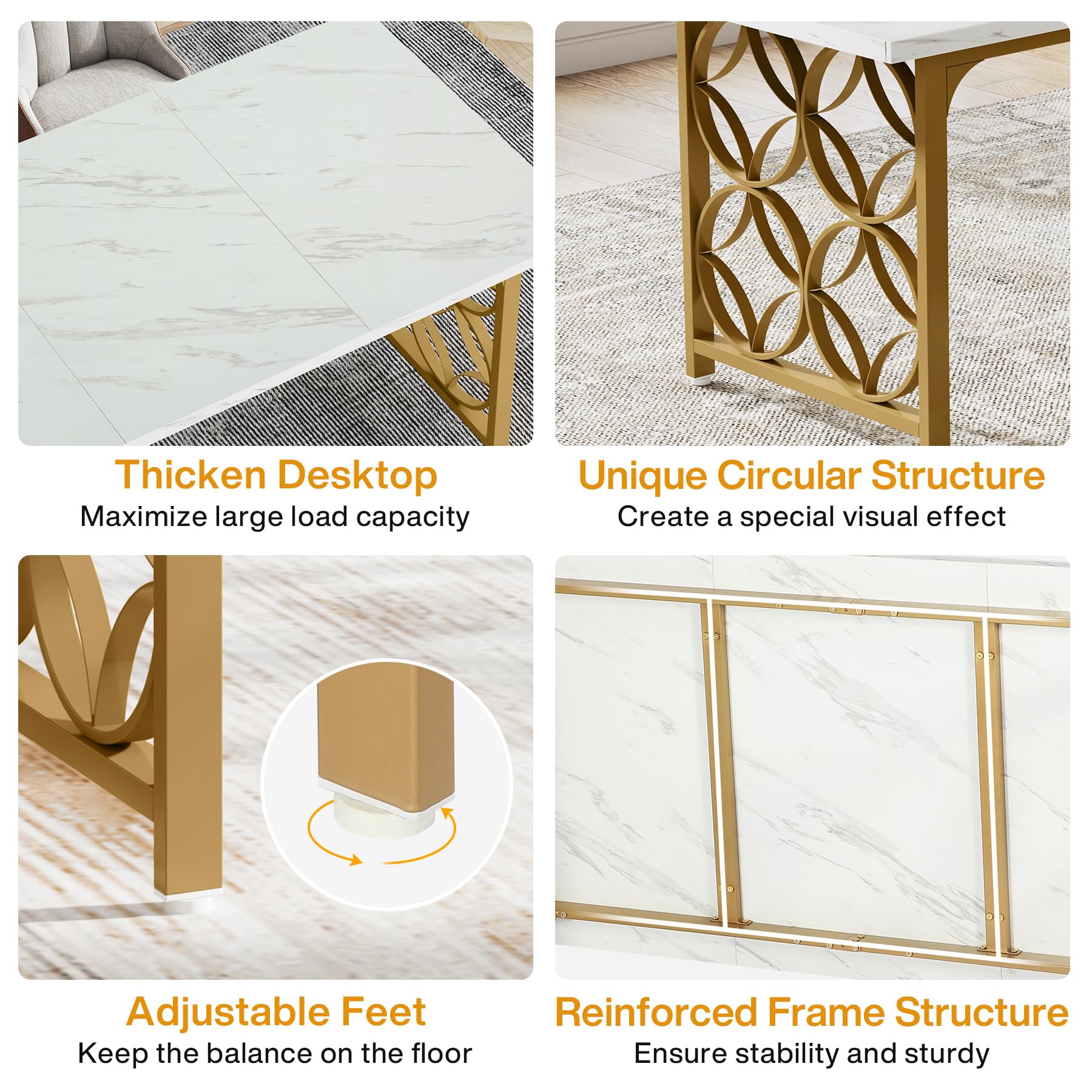 Tribesigns Dining Table, 63-inch Modern Marble Dining Room Table for 6 People, Rectangular Kitchen Table with Gold Metal Frame for Kitchen, Dining Room (White and Gold)