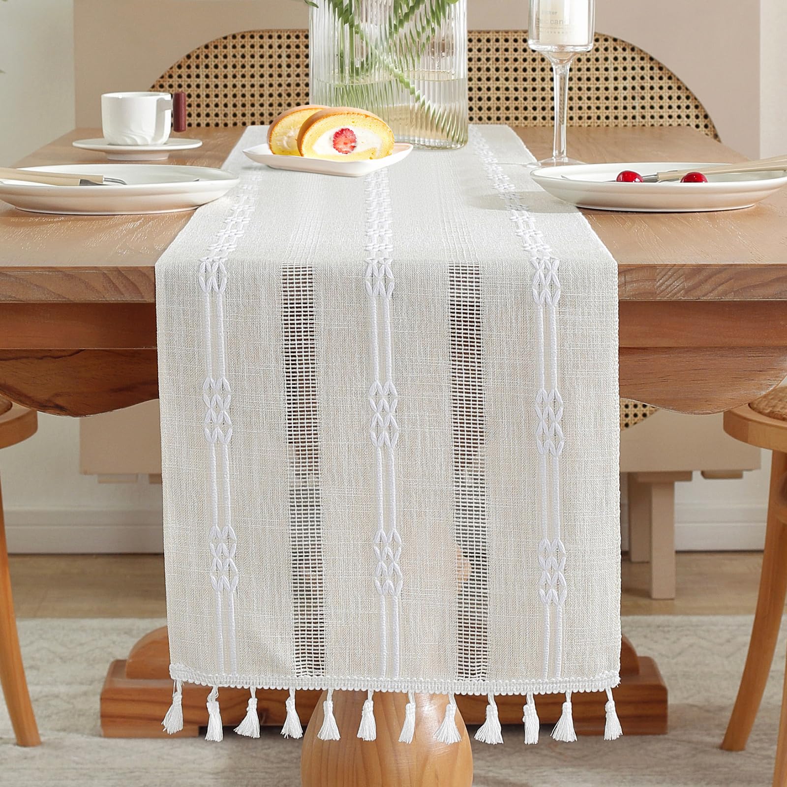 AUAUY Table Runner with Handmade Tassels, Boho Style Beige Weave Stripes Polyester Fabric Table Runner, Macrame Table Decoration for Holiday Party Dining Wedding and Everyday Use(13*70.87in)