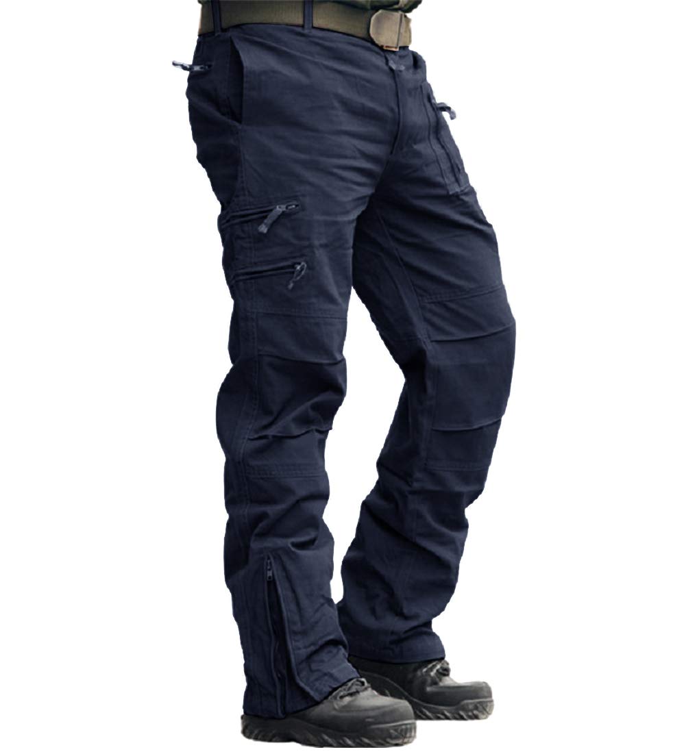 CRYSULLY Mens Military Tactical Pants Multi Pockets Cotton Combat Work Safari Ripstop Pant with Zipper Navy Blue 32