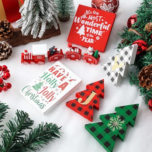 Christmas Decor, Christmas Decorations Indoor, 9PCS Christmas Tiered Tray Decor, Christmas Table Decorations with Christmas Train Set, Farmhouse Home Room Kitchen Mantle Decor