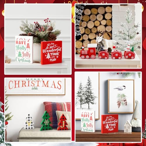 Christmas Decor, Christmas Decorations Indoor, 9PCS Christmas Tiered Tray Decor, Christmas Table Decorations with Christmas Train Set, Farmhouse Home Room Kitchen Mantle Decor