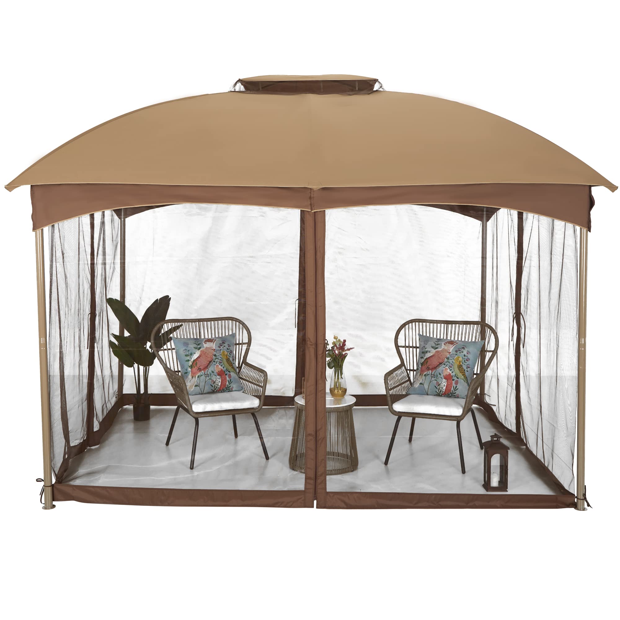 PHI VILLA 10x12 Gazebo Canopy for Patio, Double Vent Outdoor Canopy Gazebo with Netting, Screen Patio Gazebo Heavy Duty for Garden Deck Khaki