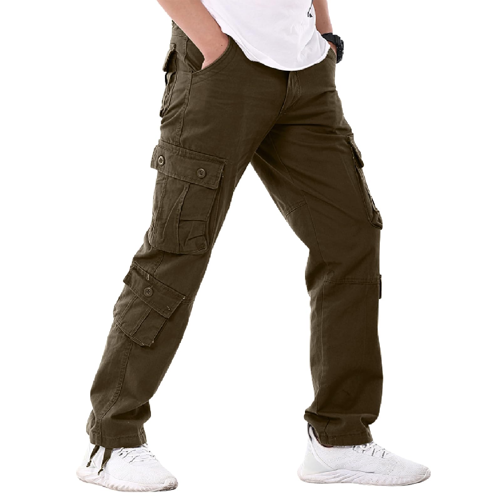 Raroauf Tall Girls Casual Pants for Women's Mid-Rise Cotton Work Cargo Pants Y2K Baggy Tactical Combat Trousers 8 Pockets Army Green Size 44/US 22