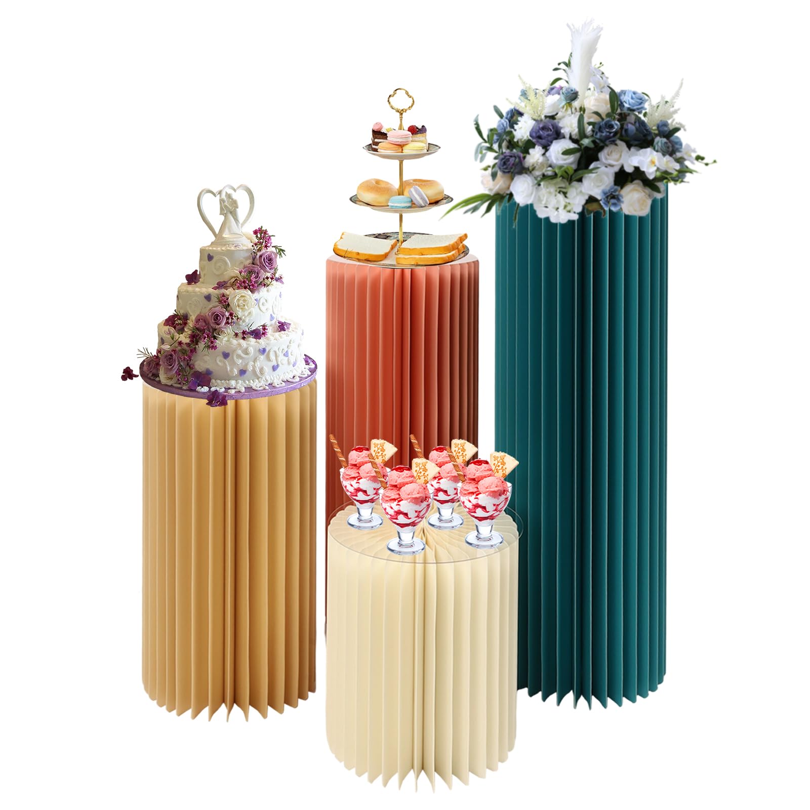 Foldable Paper Columns Display Pedestals Stands for Wedding Engagement Birthday Party Decoration Four Packs White Champagne Light Pink Blue