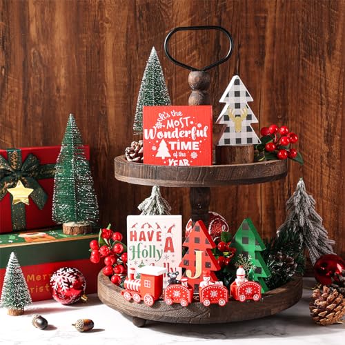 Christmas Decor, Christmas Decorations Indoor, 9PCS Christmas Tiered Tray Decor, Christmas Table Decorations with Christmas Train Set, Farmhouse Home Room Kitchen Mantle Decor