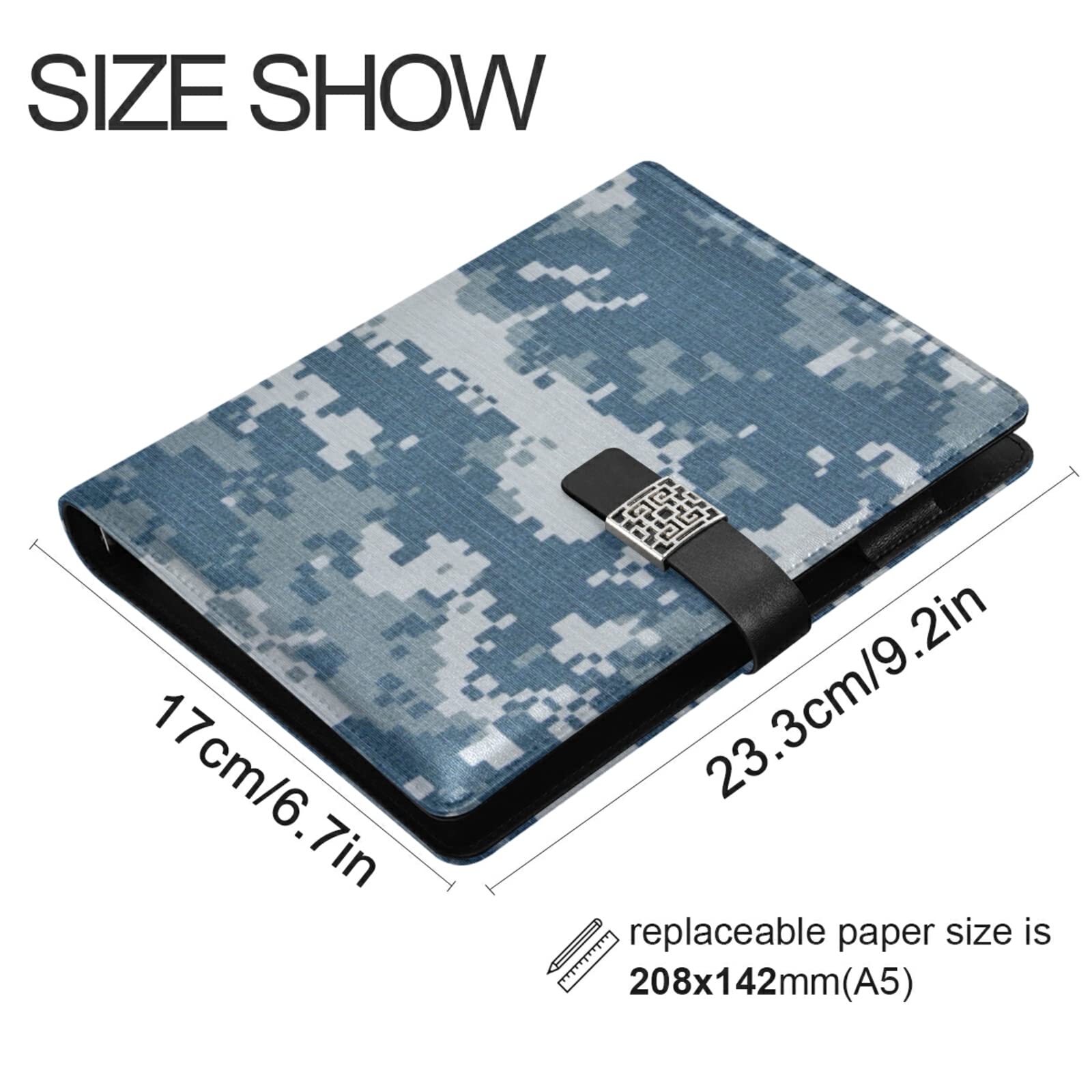 Navy Blue Digital Camouflage Fabric Texture Background Magnetic Clasp Synthetic Leather Binder Notebook Diary with Pockets & Pen Holder Loop, Stylish Pattern Journal for Men Women
