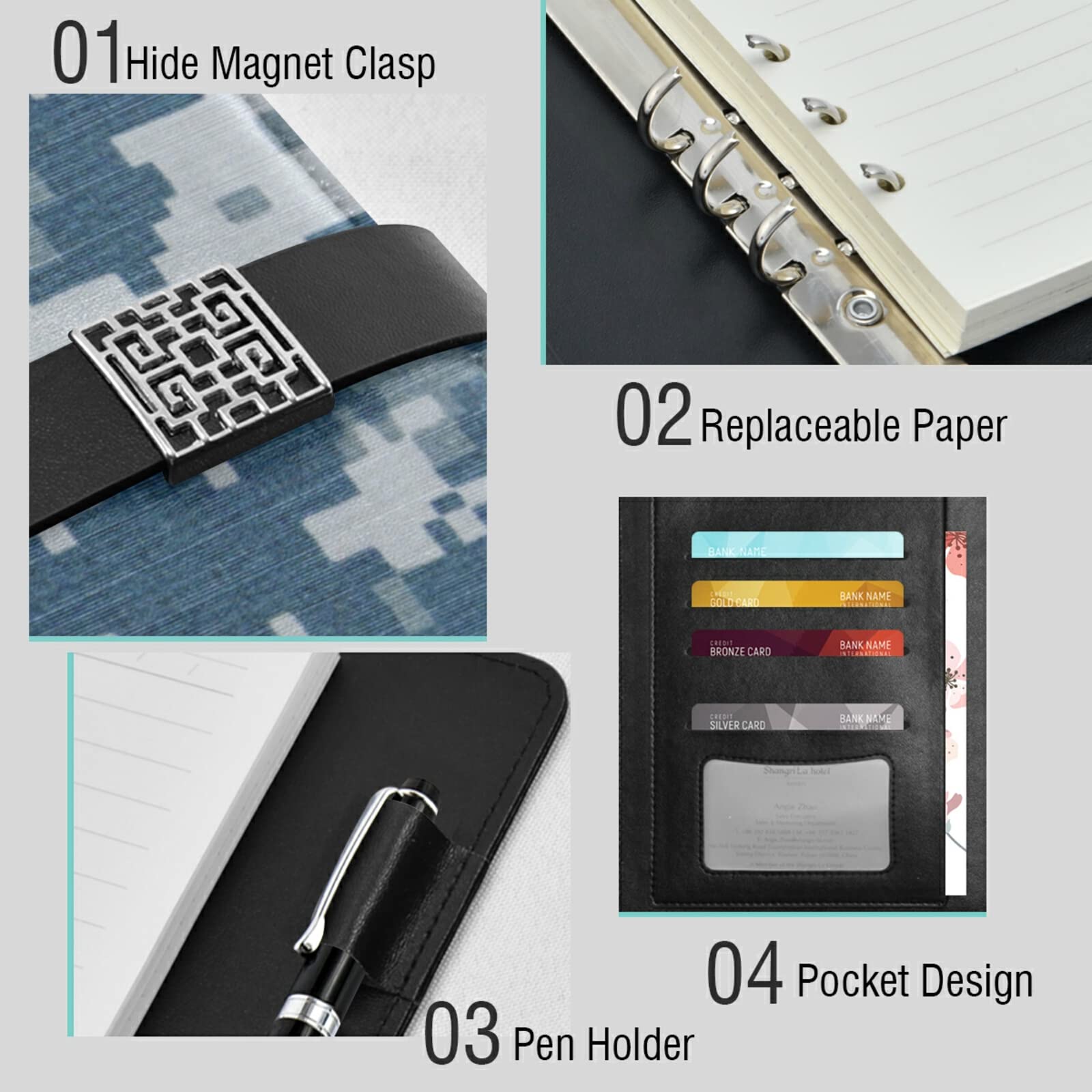 Navy Blue Digital Camouflage Fabric Texture Background Magnetic Clasp Synthetic Leather Binder Notebook Diary with Pockets & Pen Holder Loop, Stylish Pattern Journal for Men Women