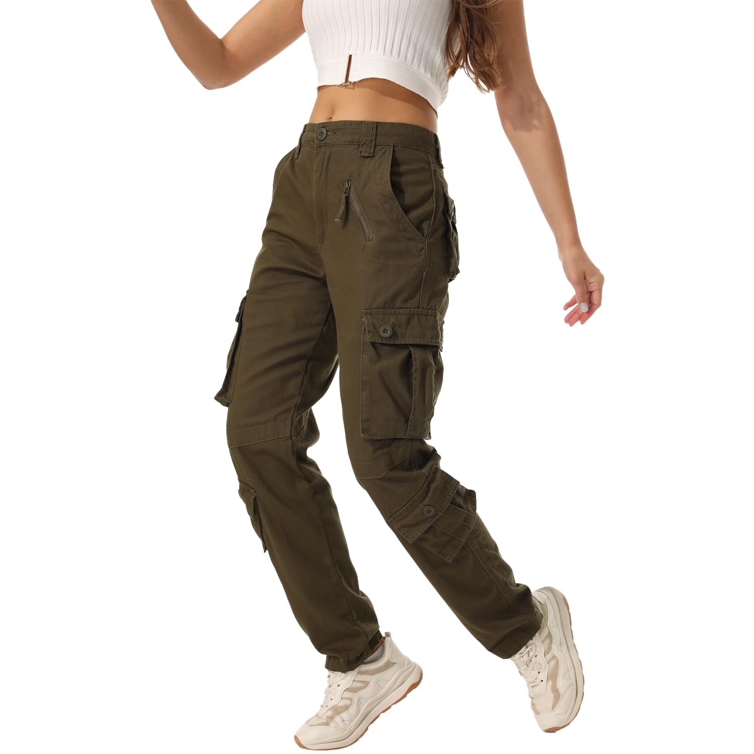 Raroauf Tall Girls Casual Pants for Women's Mid-Rise Cotton Work Cargo Pants Y2K Baggy Tactical Combat Trousers 8 Pockets Army Green Size 44/US 22