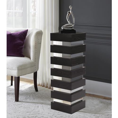 Howard Elliott Stepped Pedestal Accent Table, Black Wood and Mirrored Side End Table for Home Decor, Small Space Pedestal Table for Bedroom, Living Room & Entryway, 12 x 12 x 35.5 Inch, Tall