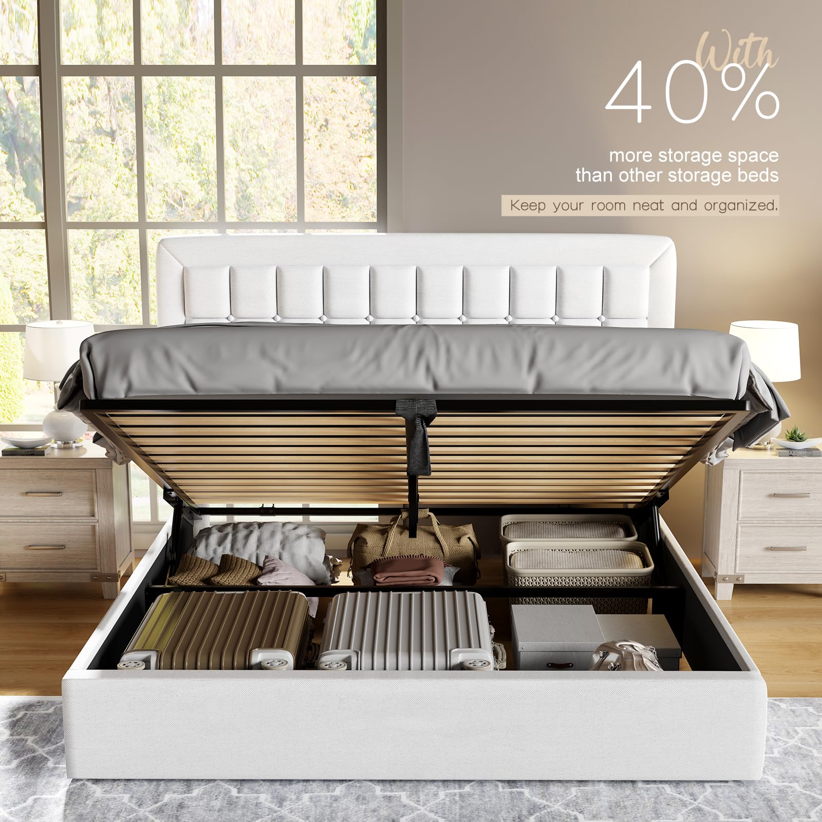 Jocisland Queen Size Bed Frame with Lift Up Under Bed Storage Upholstered Platform Bed with Headboard/No Box Spring Needed/White