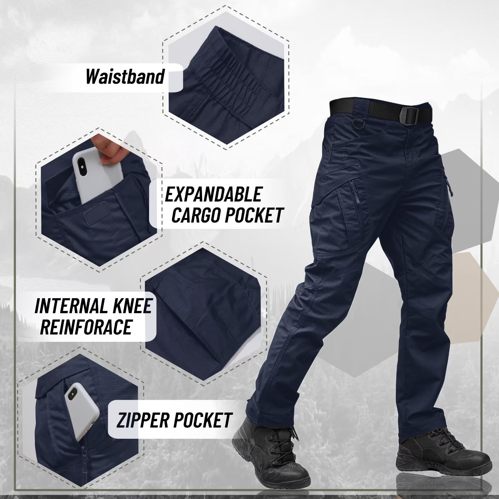 TACVASEN Work Pants for Men Construction Stretch Cargo Pants for Men 9 Pockets Tactical Pants Resistant Quick Dry Hiking Pants Water Lightweight Camping Navy 36