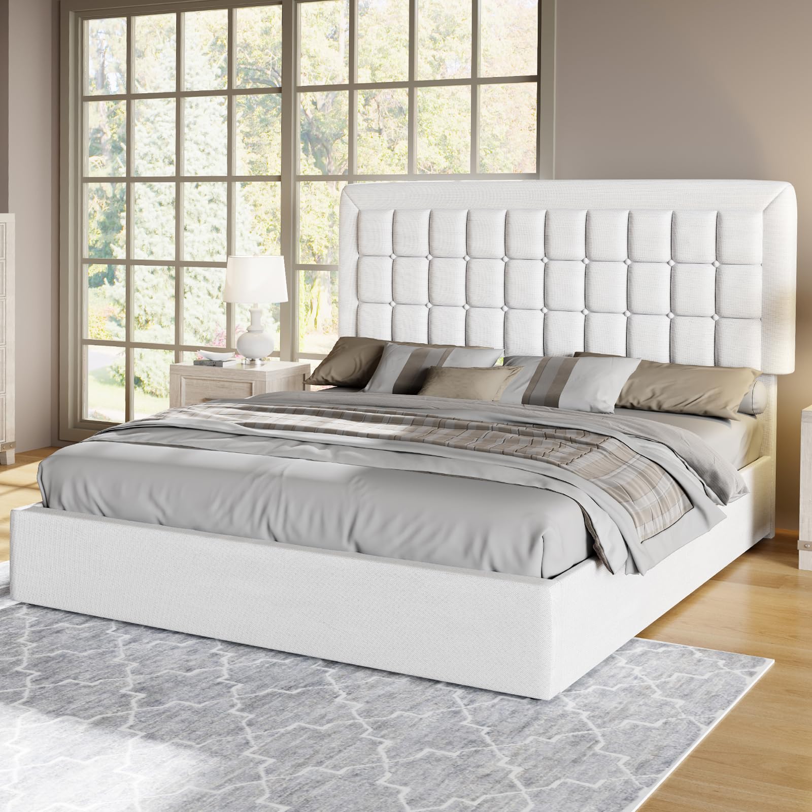 Jocisland Queen Size Bed Frame with Lift Up Under Bed Storage Upholstered Platform Bed with Headboard/No Box Spring Needed/White