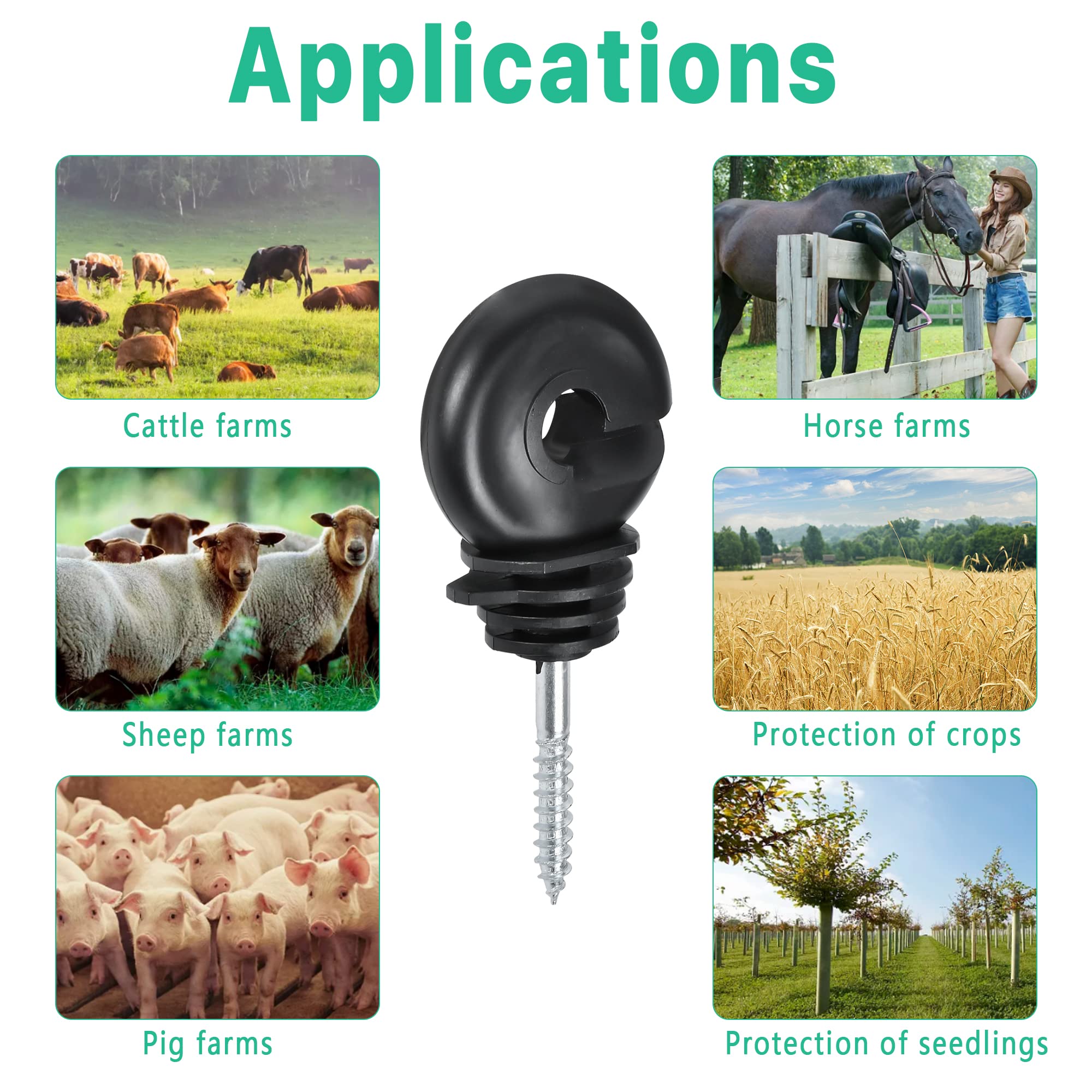Gransuncy 50 PCS Black Electric Fence Insulator, Screw-in Insulator Fence Post Wood Ring Insulator for Farm Animal Fencing
