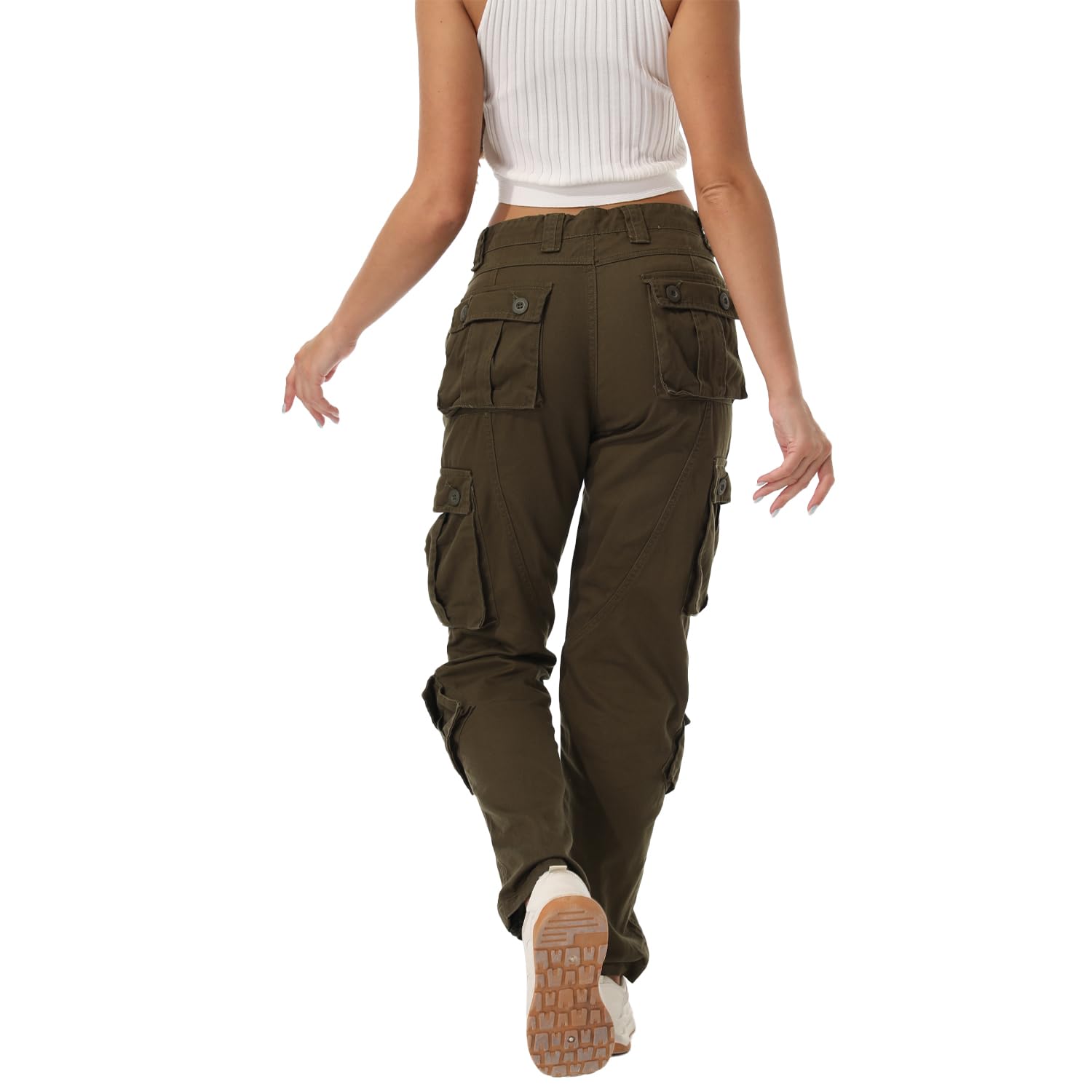 Raroauf Tall Girls Casual Pants for Women's Mid-Rise Cotton Work Cargo Pants Y2K Baggy Tactical Combat Trousers 8 Pockets Army Green Size 44/US 22