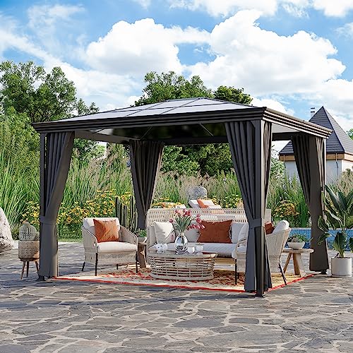 LATTOY 10x12ft Permanent Hardtop Gazebo, Outdoor Galvanized Steel Double Roof Pavilion Pergola Canopy with Aluminum Frame and Privacy Curtains for Garden Patio,Patio Backyard,Deck and Lawns