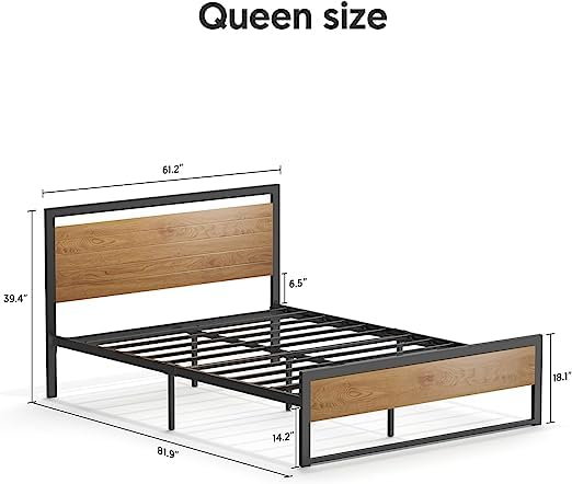BONSOIR Queen Size Bed Frame Steady Steel Platform with Wood Headboard/Footboard (Queen Size)