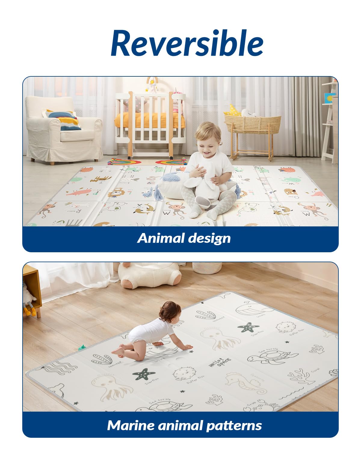 CreateBay Foldable Baby Play Mat, 79x71 Inch Thick 0.8 Inch XPE Foam Waterproof, Extra Large Crawling Mat for Floor Kids Infant Training Non-Slip Reversible Non-Toxic