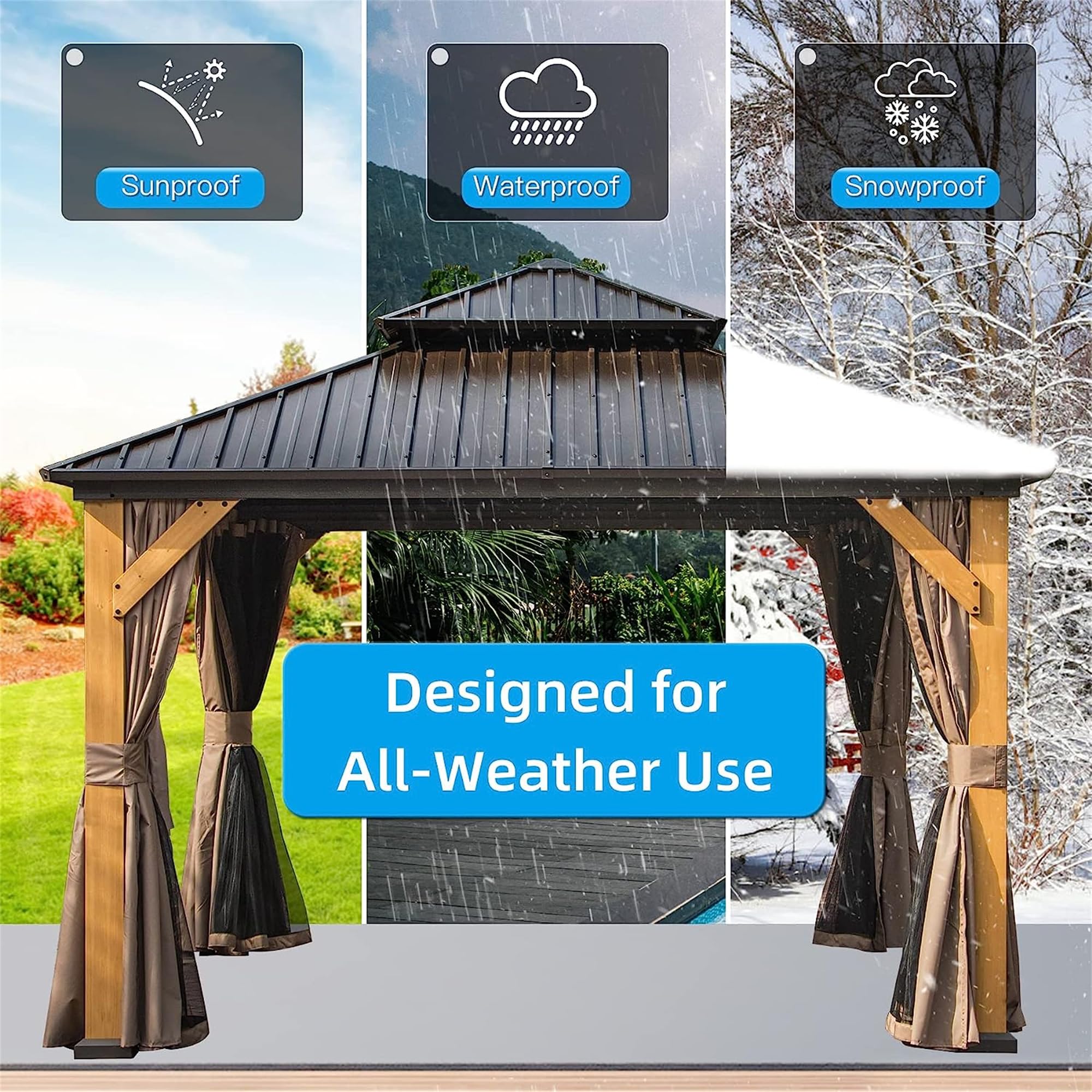 DHPM 12' x 12' Gazebo Polycarbonate Double Roof Canopy Outdoor Aluminum Frame Pergola, Permanent Pavilion with Netting and Curtains for Garden Patio Lawns Parties
