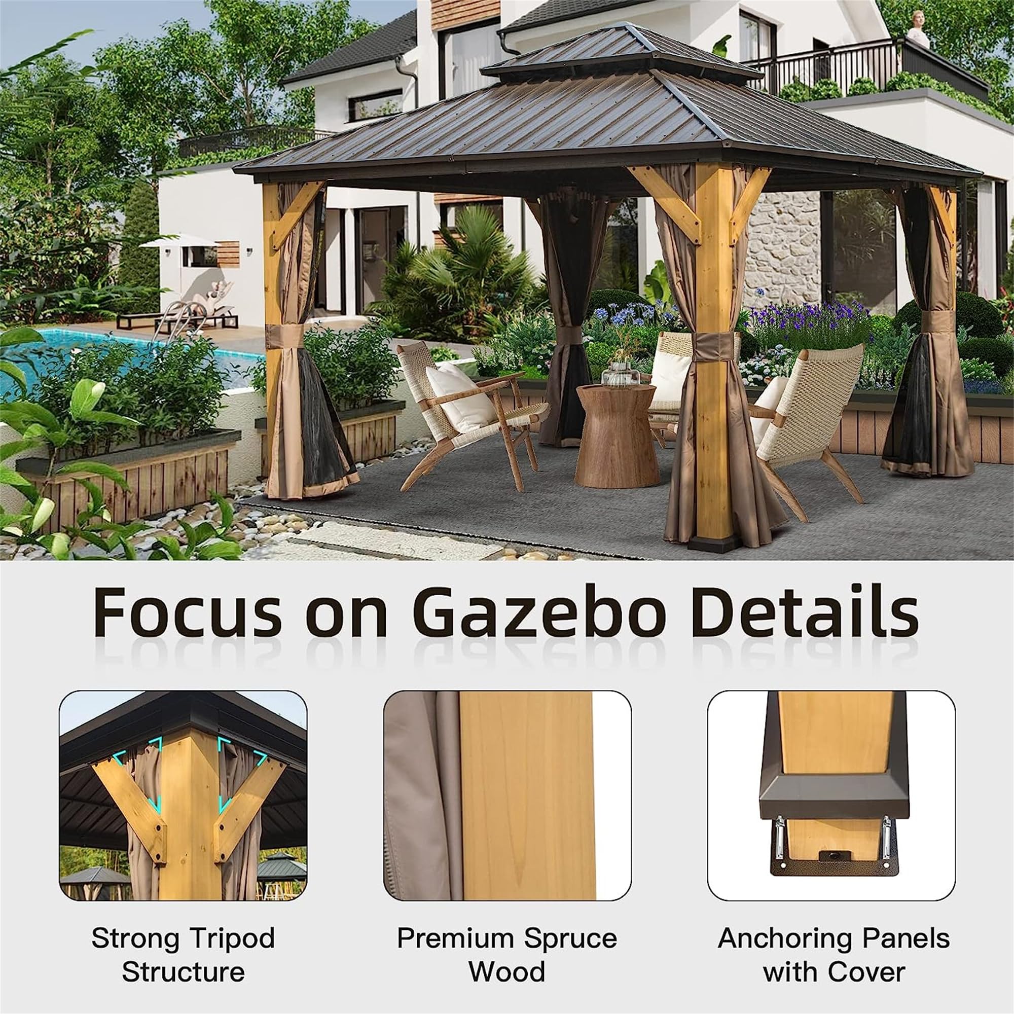 DHPM 12' x 12' Gazebo Polycarbonate Double Roof Canopy Outdoor Aluminum Frame Pergola, Permanent Pavilion with Netting and Curtains for Garden Patio Lawns Parties