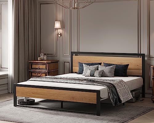 BONSOIR Queen Size Bed Frame Steady Steel Platform with Wood Headboard/Footboard (Queen Size)