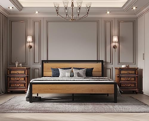 BONSOIR Queen Size Bed Frame Steady Steel Platform with Wood Headboard/Footboard (Queen Size)