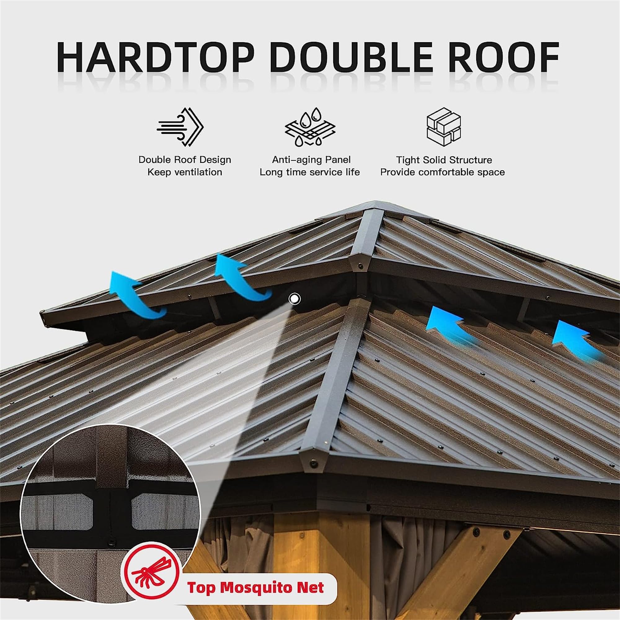 DHPM 12' x 12' Gazebo Polycarbonate Double Roof Canopy Outdoor Aluminum Frame Pergola, Permanent Pavilion with Netting and Curtains for Garden Patio Lawns Parties