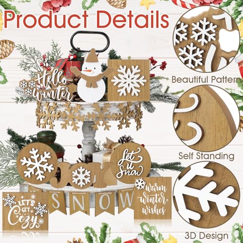 Chitidr 20 Pcs Tiered Tray Set - Christmas Snowflake Table Decor Snowman Rustic Farmhouse Wood Sign Hello Winter Tabletop Sign Decor for Xmas Winter Holiday Table Shelf Home