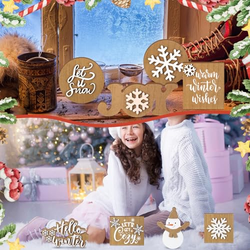 Chitidr 20 Pcs Tiered Tray Set - Christmas Snowflake Table Decor Snowman Rustic Farmhouse Wood Sign Hello Winter Tabletop Sign Decor for Xmas Winter Holiday Table Shelf Home