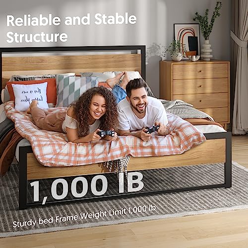 BONSOIR Queen Size Bed Frame Steady Steel Platform with Wood Headboard/Footboard (Queen Size)