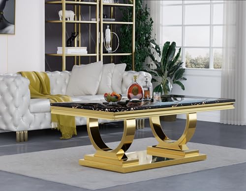 46.85" Modern Coffee Table with Black Marble Top, Rectangular Faux Marble Coffee Table with Gold Stainless Steel Pedestal Base, Luxury Cocktail Center Table for Living Room