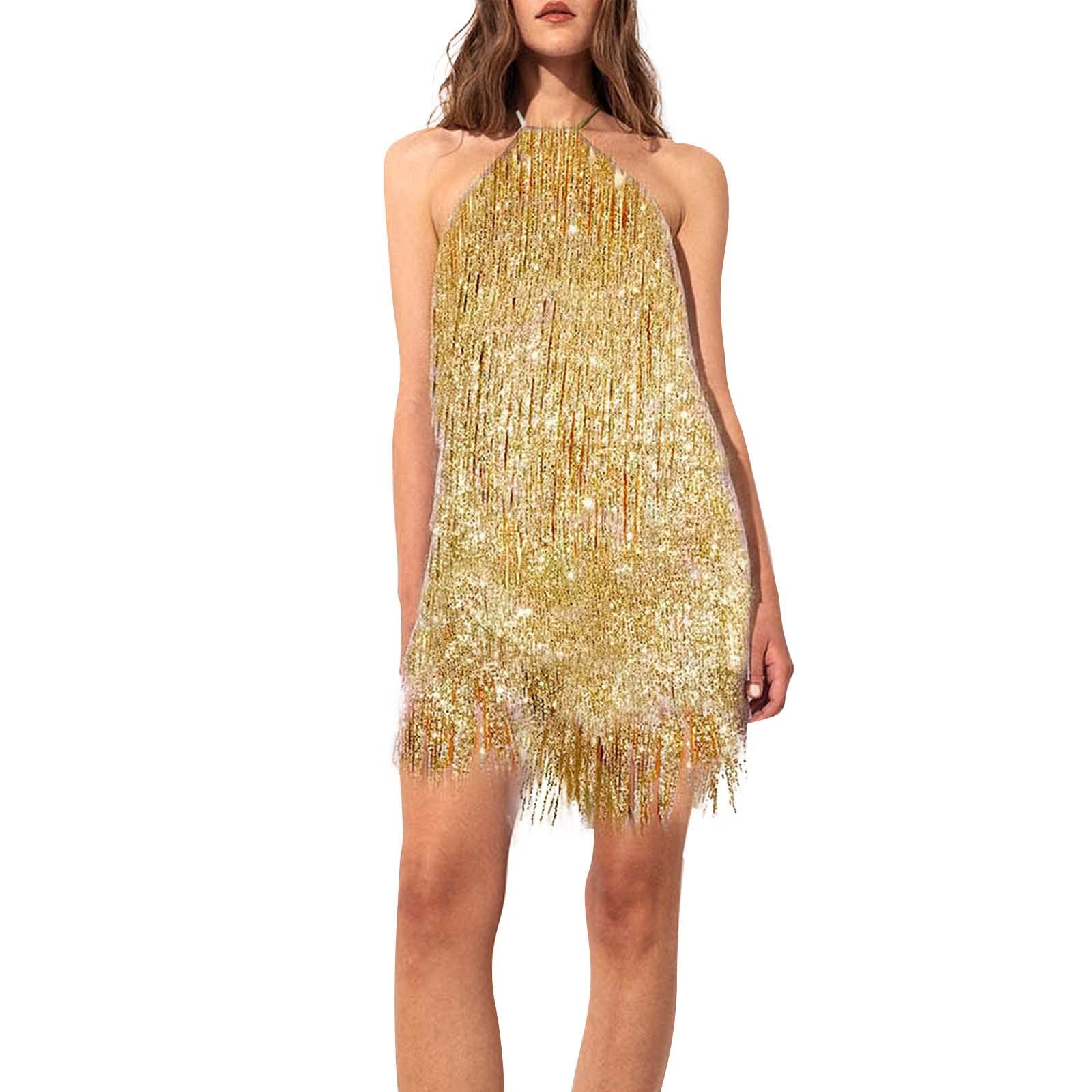 Formal Dresses for Women Evening Party Women's Fashion Sexy Sleeveless Sleeveless Halter Tassel Sparkling Party Cocktail Gold