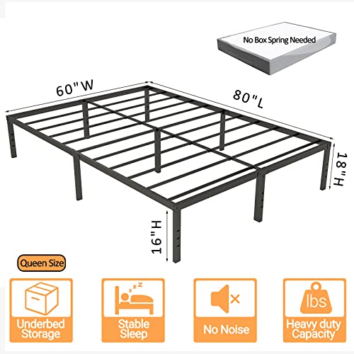 DURISO Queen Bed Frame 18 Inch High Platform Heavy Duty Sturdy Metal Steel Queen Size Bed Frames Max 3500lbs Easy Assembly No Spring Box No Noise Black