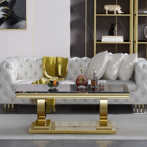 46.85" Modern Coffee Table with Black Marble Top, Rectangular Faux Marble Coffee Table with Gold Stainless Steel Pedestal Base, Luxury Cocktail Center Table for Living Room