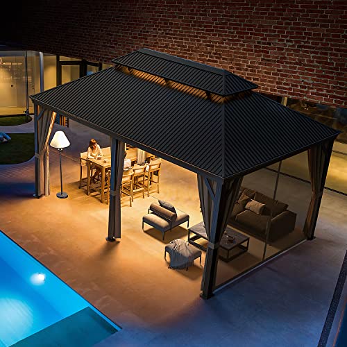 Greesum 12'x20' Hardtop Metal Gazebo, Outdoor Galvanized Steel Double Roof Canopy, Aluminum Frame Permanent Pavilion with Netting and Curtains for Lawns, Patio, Backyard and Deck