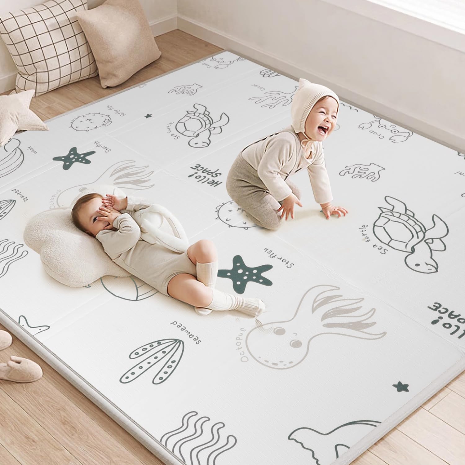 CreateBay Foldable Baby Play Mat, 79x71 Inch Thick 0.8 Inch XPE Foam Waterproof, Extra Large Crawling Mat for Floor Kids Infant Training Non-Slip Reversible Non-Toxic
