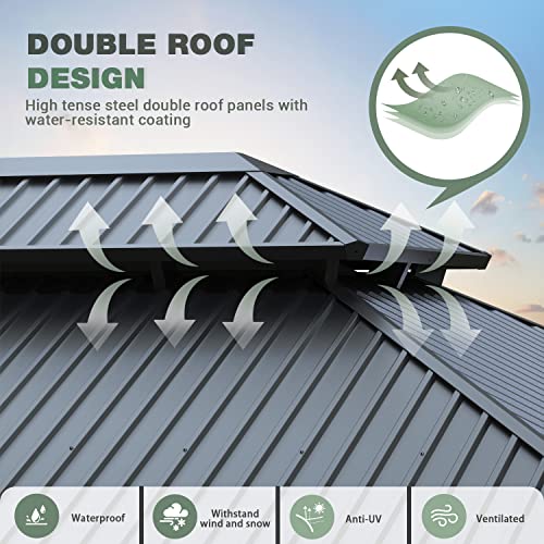 Greesum 12'x20' Hardtop Metal Gazebo, Outdoor Galvanized Steel Double Roof Canopy, Aluminum Frame Permanent Pavilion with Netting and Curtains for Lawns, Patio, Backyard and Deck