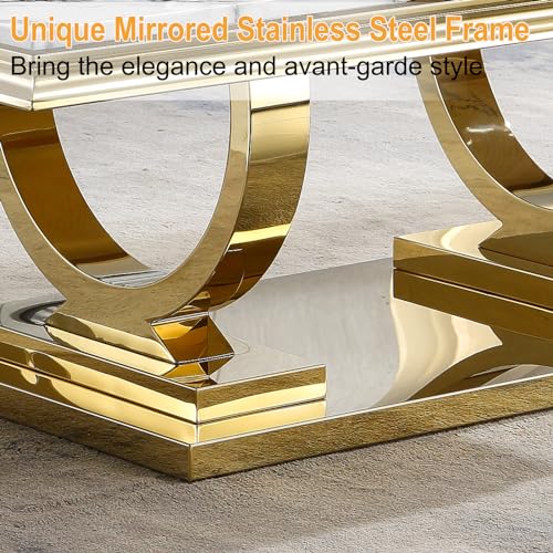 46.85" Modern Coffee Table with Black Marble Top, Rectangular Faux Marble Coffee Table with Gold Stainless Steel Pedestal Base, Luxury Cocktail Center Table for Living Room