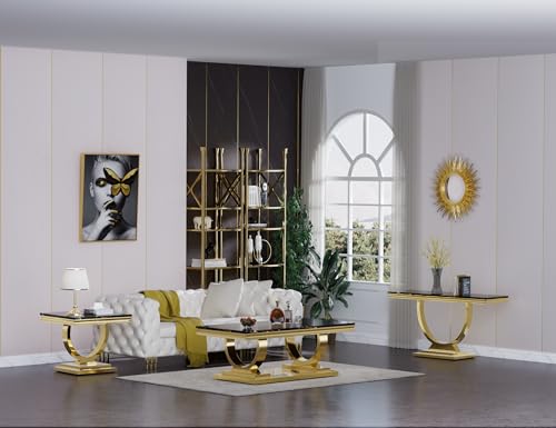 46.85" Modern Coffee Table with Black Marble Top, Rectangular Faux Marble Coffee Table with Gold Stainless Steel Pedestal Base, Luxury Cocktail Center Table for Living Room