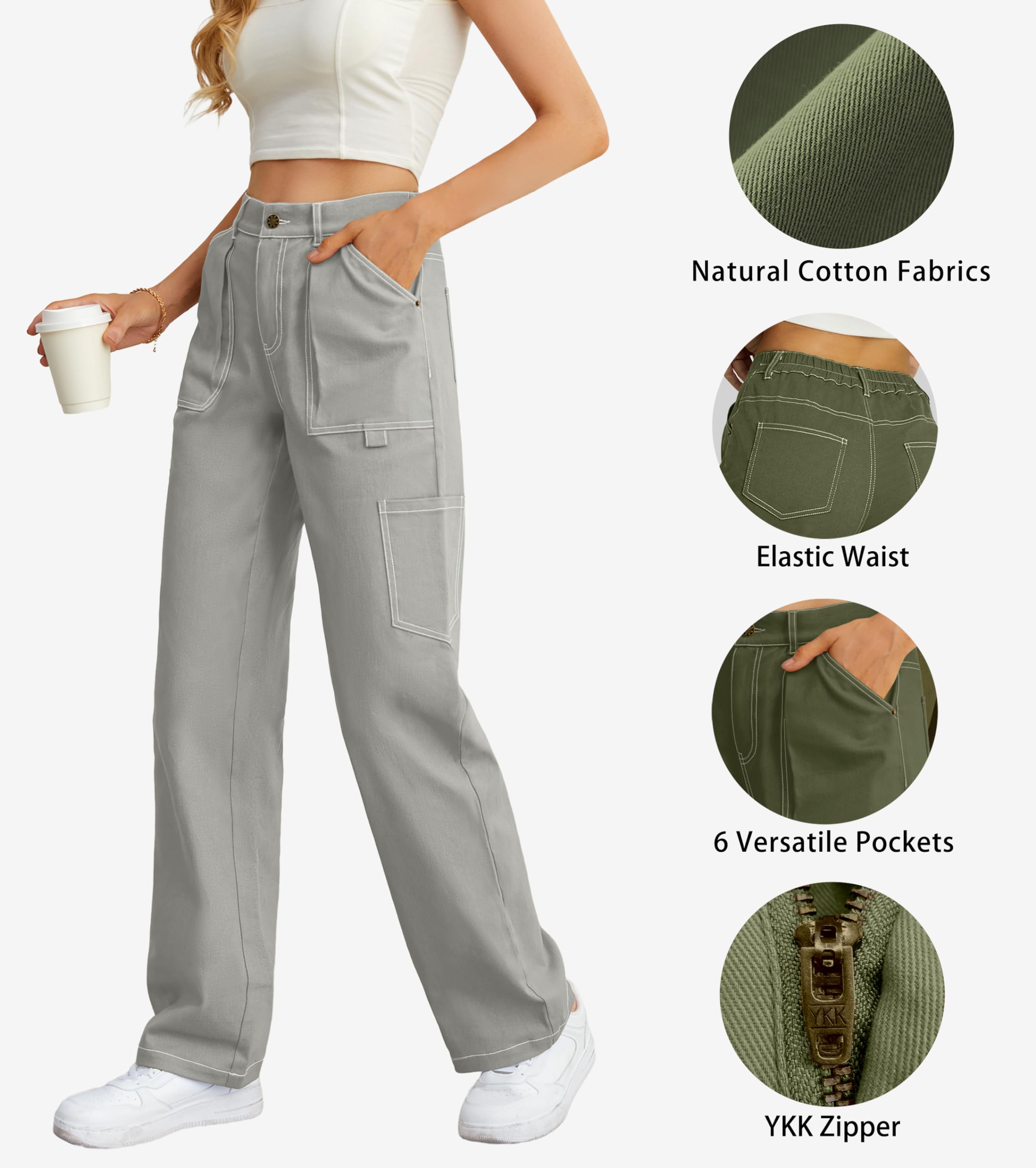 Women High Waisted Cargo Pants Wide Leg Casual Pants Combat Military Trousers Silver Gray