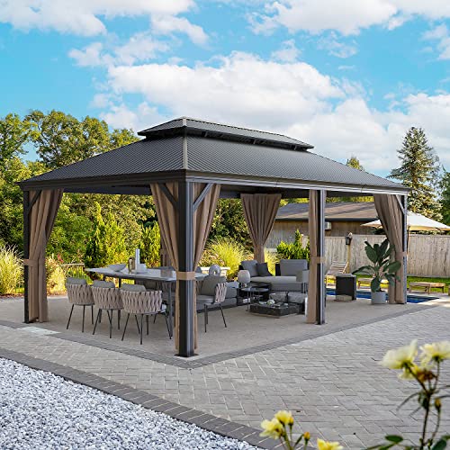 Greesum 12'x20' Hardtop Metal Gazebo, Outdoor Galvanized Steel Double Roof Canopy, Aluminum Frame Permanent Pavilion with Netting and Curtains for Lawns, Patio, Backyard and Deck