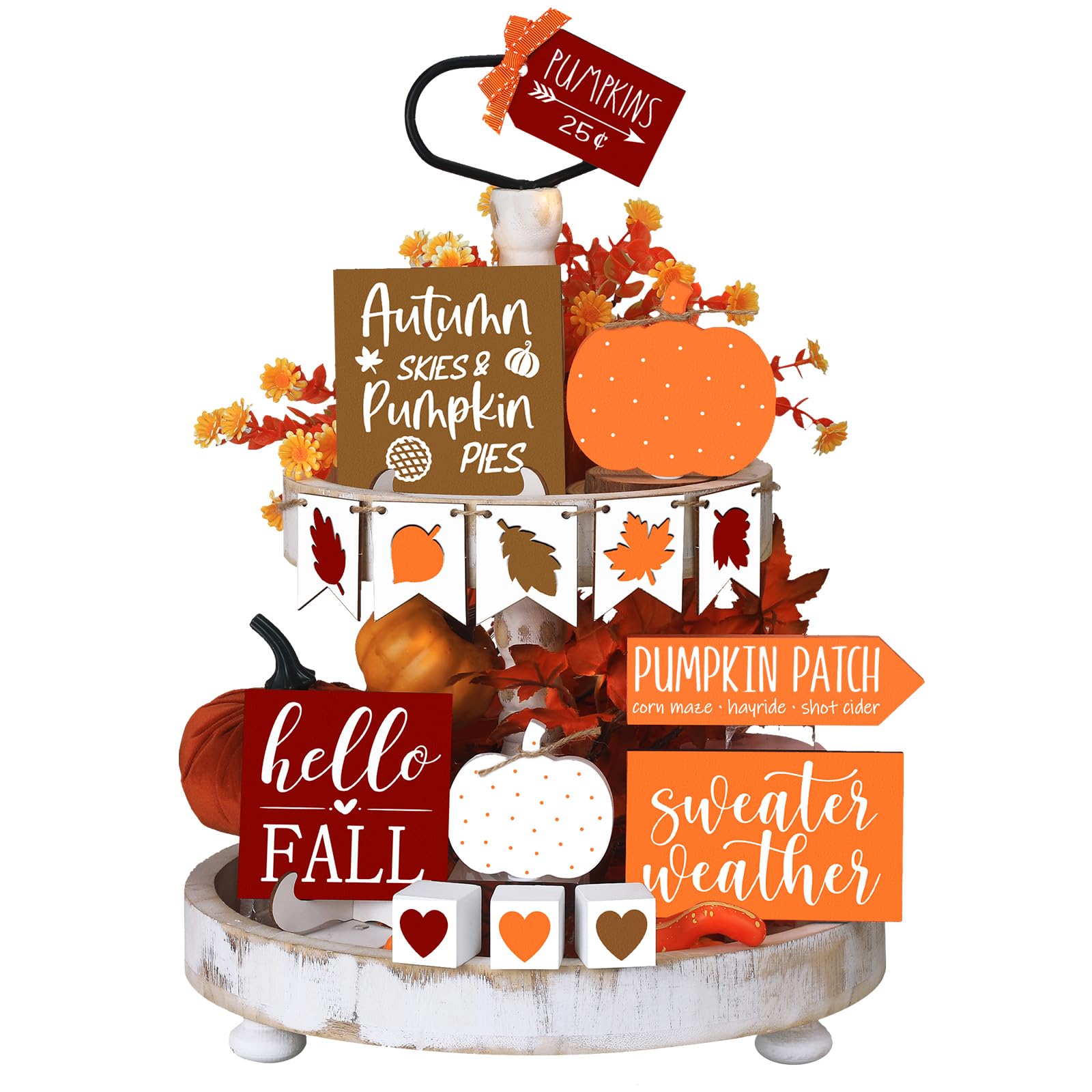 Sumind 15 Pcs Fall Tiered Tray Decor Set Hello Fall Decor Autumn Wood Signs Thanksgiving Orange Brown Table Signs Farmhouse Wooden Maple Pumpkin Gnomes Tabletop for Festival Home Decor(Autumn)