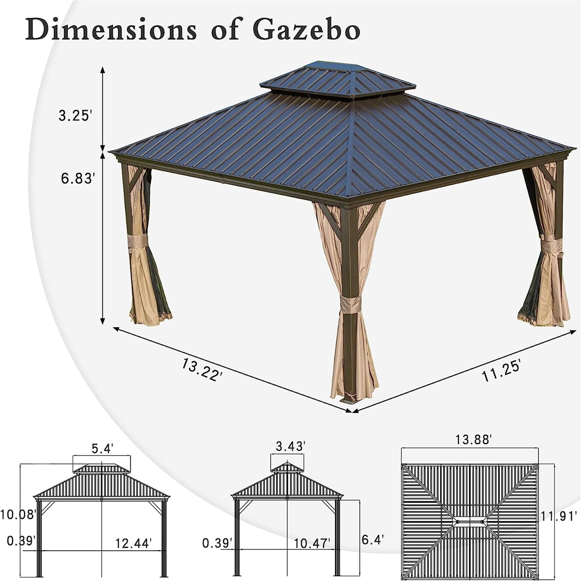 DHPM 12 x14 FT Hardtop Gazebo, Aluminum Metal Gazebo with Galvanized Steel Double Roof Canopy, Curtain and Netting, Permanent Gazebo Pavilion for Patio, Backyard, Deck, Lawn