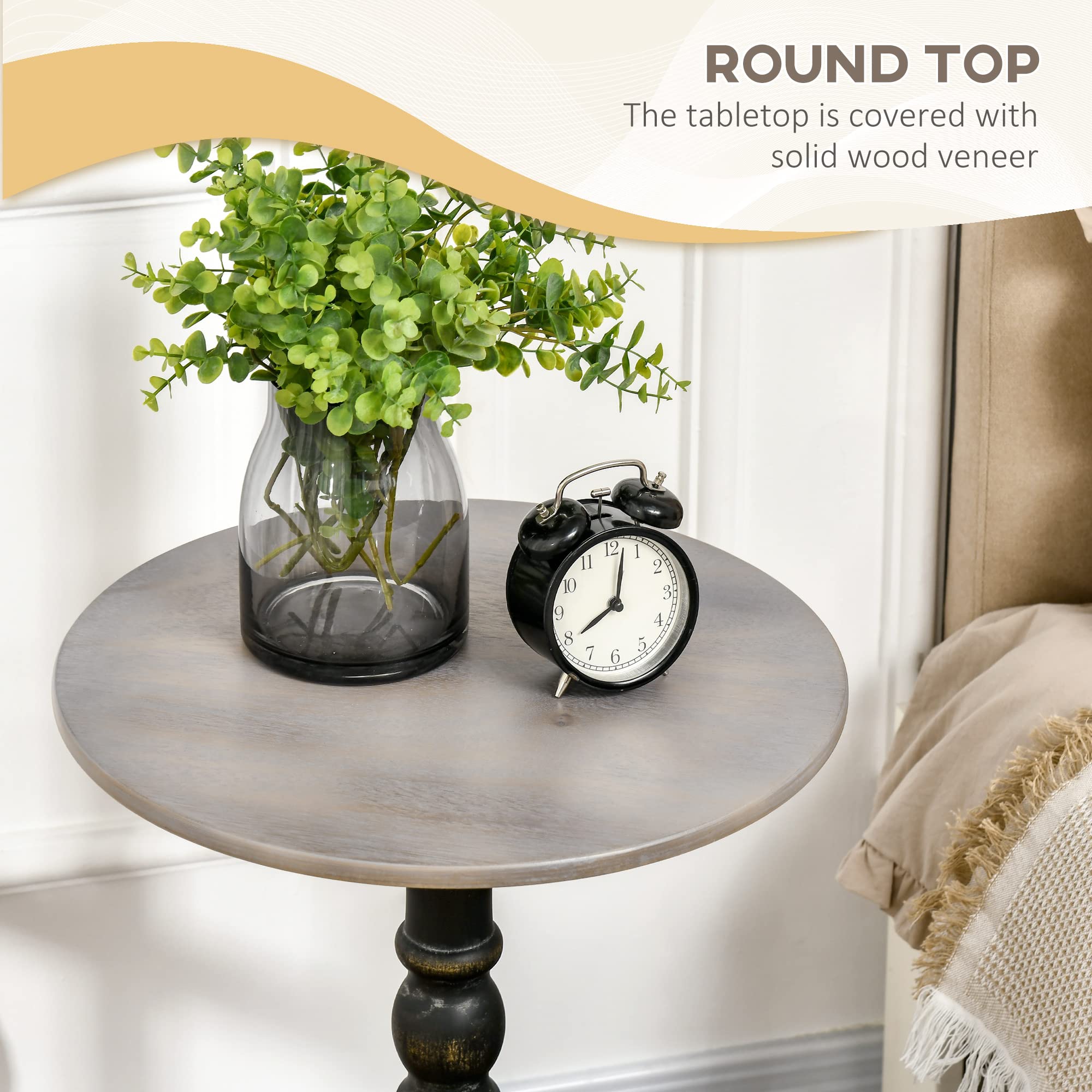 HOMCOM Pedestal Side Table, Round End Table with Wooden Leg, Retro Accent Table for Small Spaces, Living Room, Bedroom, Light Gray