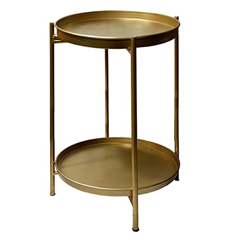 The Urban Port 20-Inch High Round Side End Table with 2-Tier Iron Frame, Matte Gold