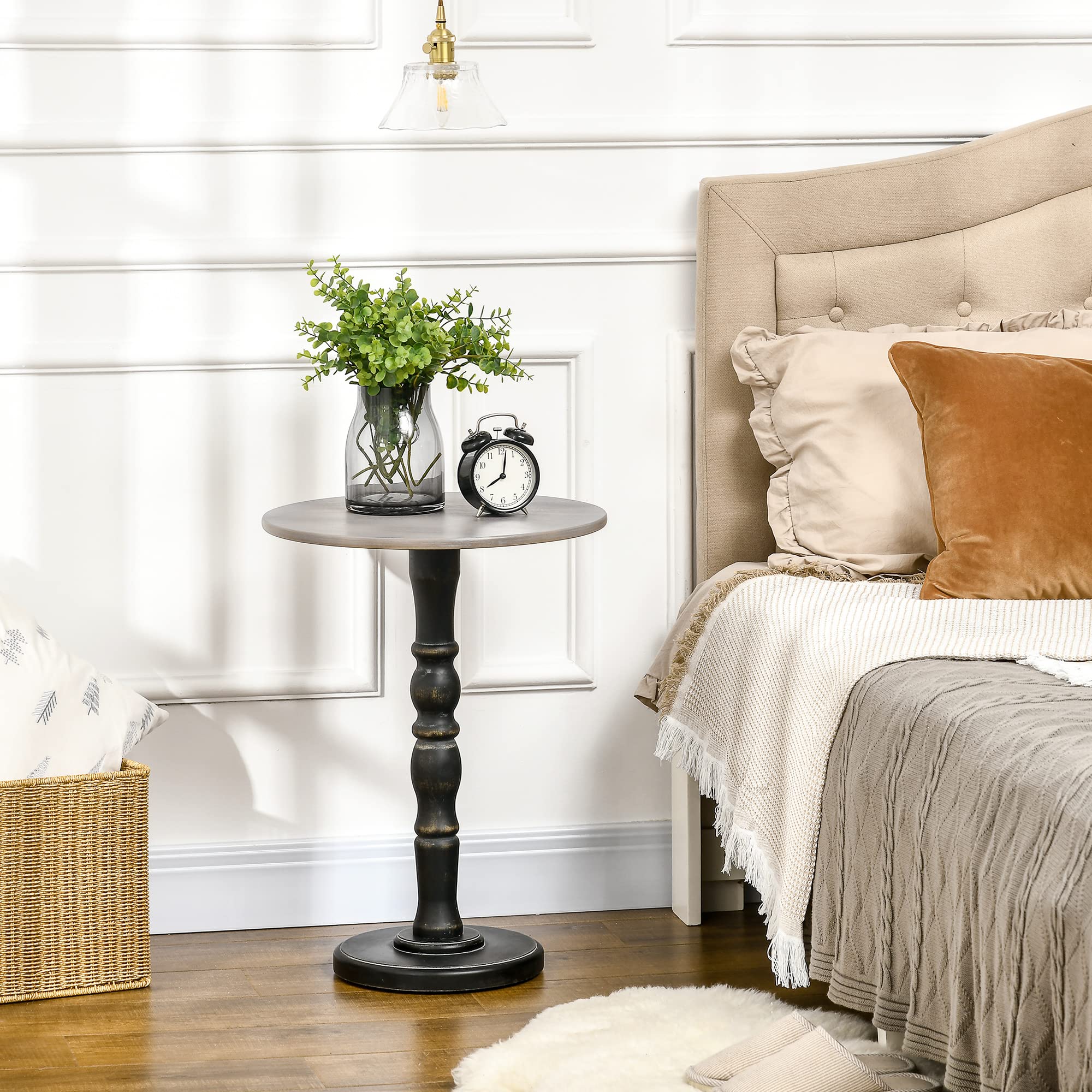 HOMCOM Pedestal Side Table, Round End Table with Wooden Leg, Retro Accent Table for Small Spaces, Living Room, Bedroom, Light Gray