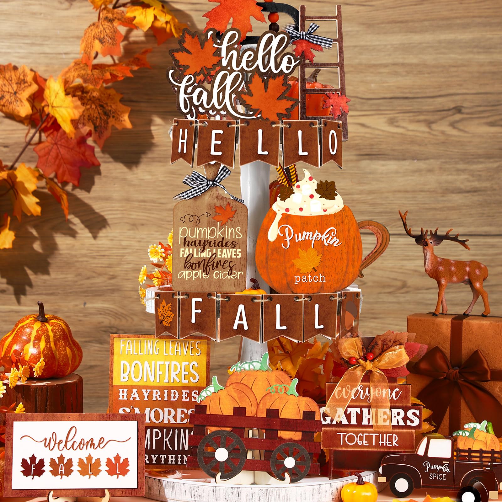 21 Pcs Fall Tiered Tray Decor Set Hello Fall Pumpkin Maple Leaf Wooden Signs Autumn Thanksgiving Decorations Rustic Farmhouse Table Centerpieces for Home Kitchen Decor Harvest Holiday