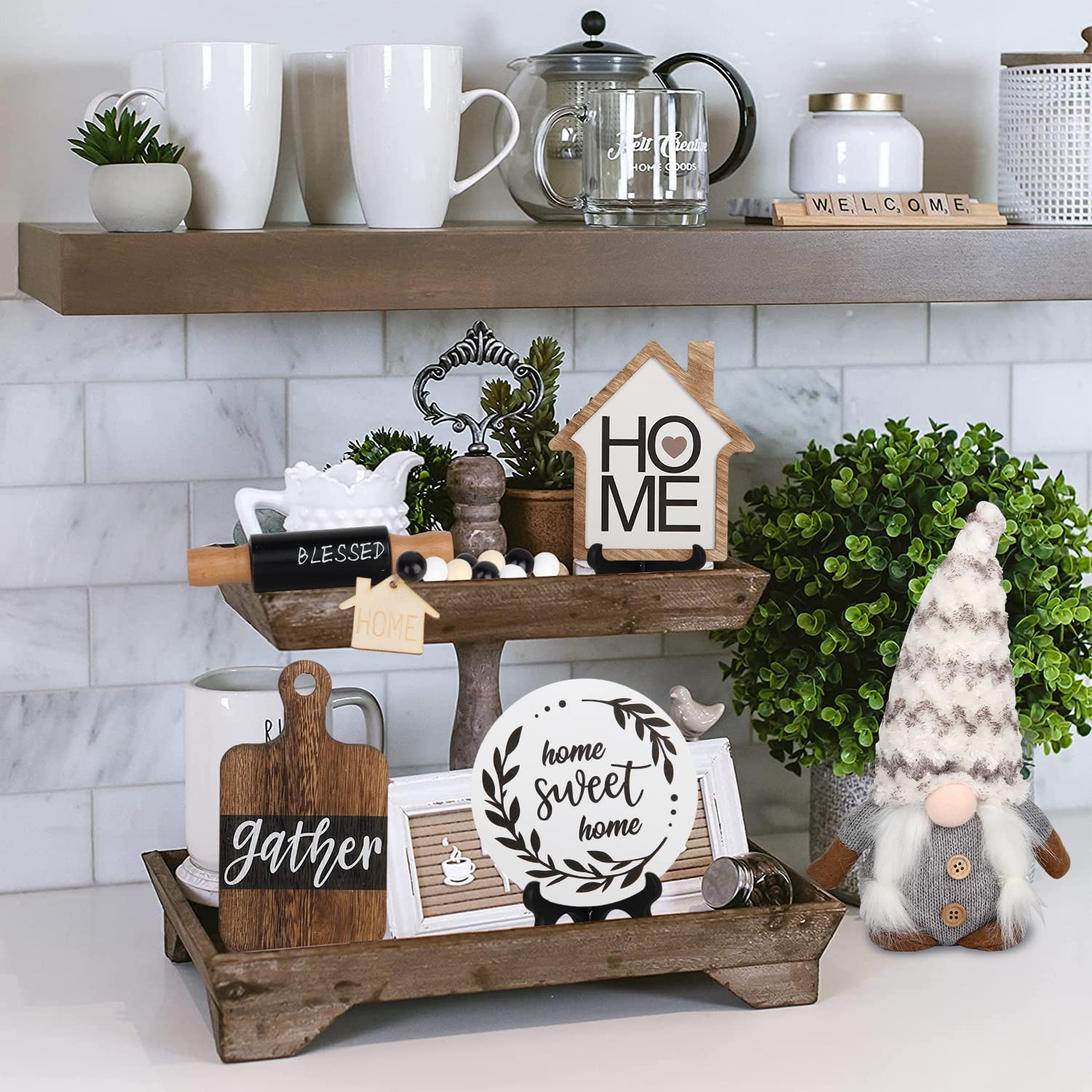 6 Pieces Farmhouse Tiered Tray Decor Items Gnomes Plush Home Sweet Home Decor Mini Signs Rolling Pin Wood Beads Garland Tiered Tray Decorations Set for Spring Summer Home Kitchen Shelf