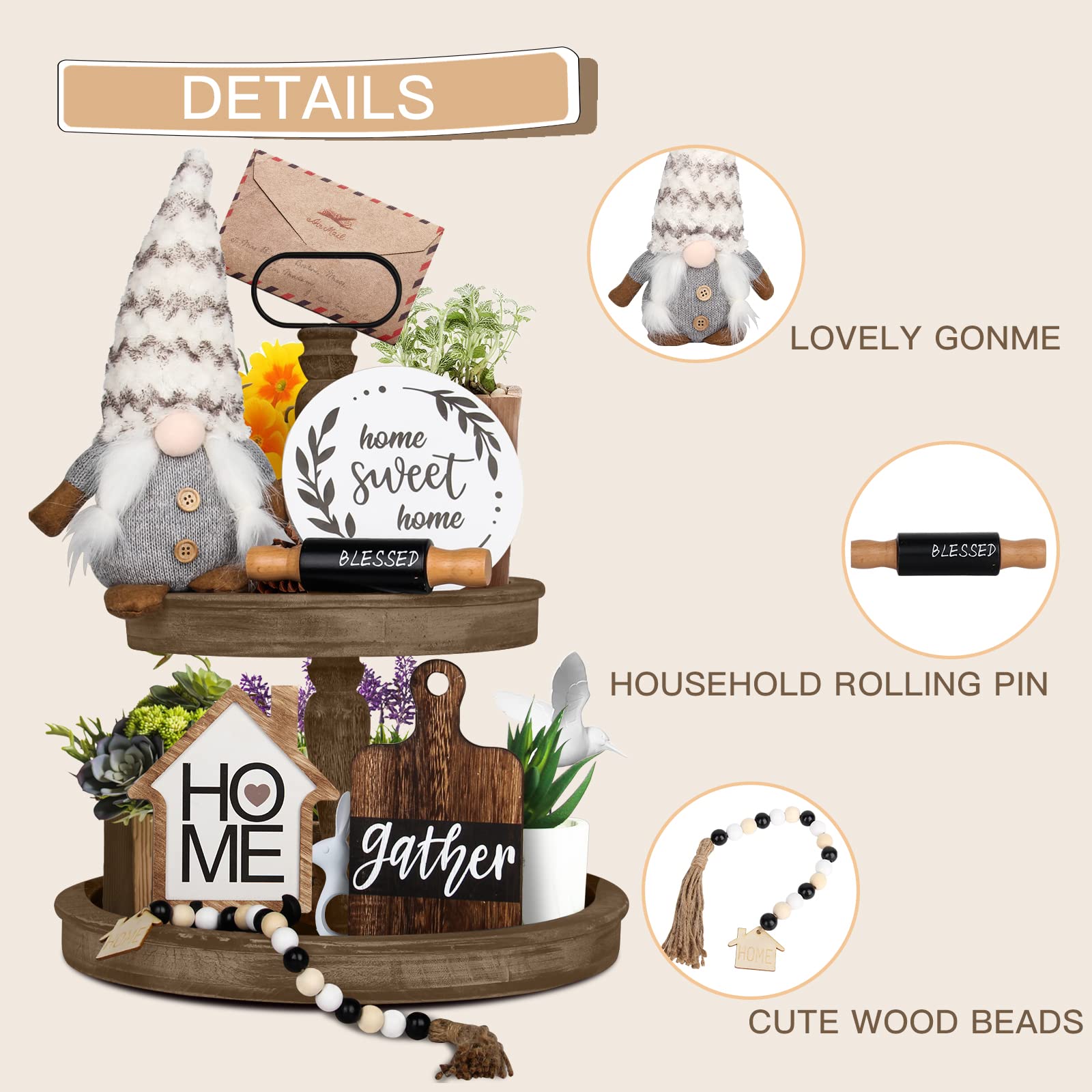 6 Pieces Farmhouse Tiered Tray Decor Items Gnomes Plush Home Sweet Home Decor Mini Signs Rolling Pin Wood Beads Garland Tiered Tray Decorations Set for Spring Summer Home Kitchen Shelf