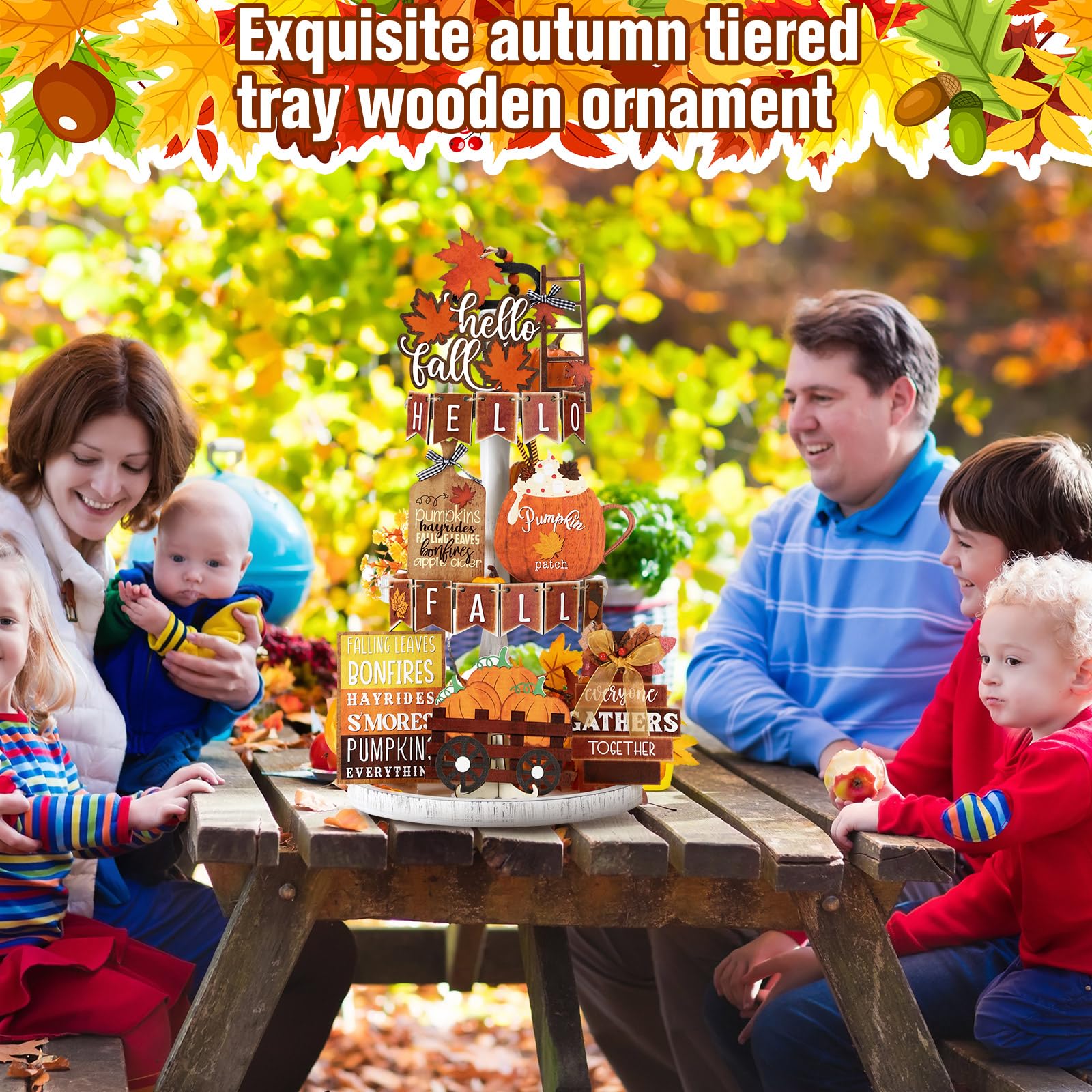 21 Pcs Fall Tiered Tray Decor Set Hello Fall Pumpkin Maple Leaf Wooden Signs Autumn Thanksgiving Decorations Rustic Farmhouse Table Centerpieces for Home Kitchen Decor Harvest Holiday