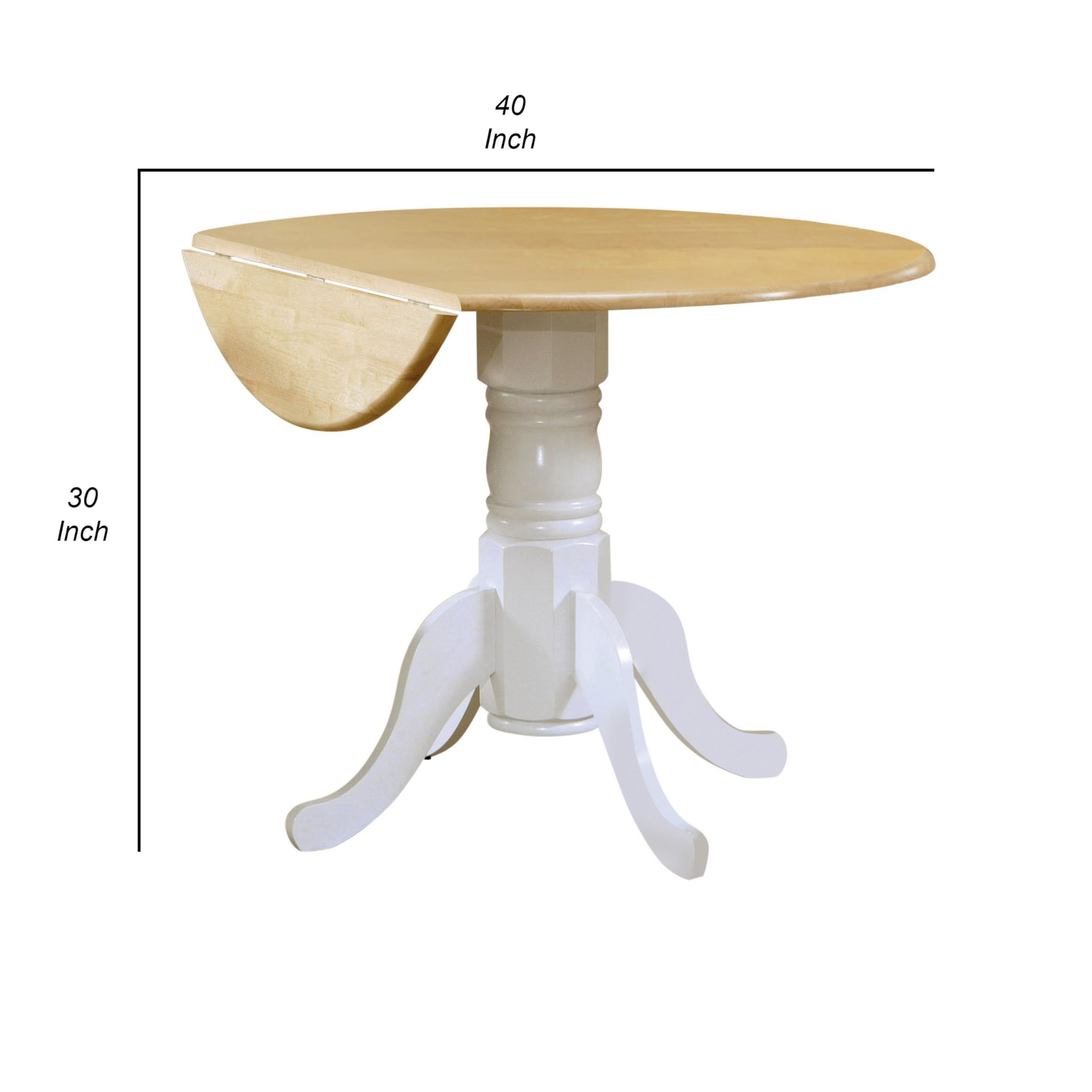 Benjara Giva 40 Inch Round Drop Leaf Dining Table, Top, Pedestal Base, Brown, White